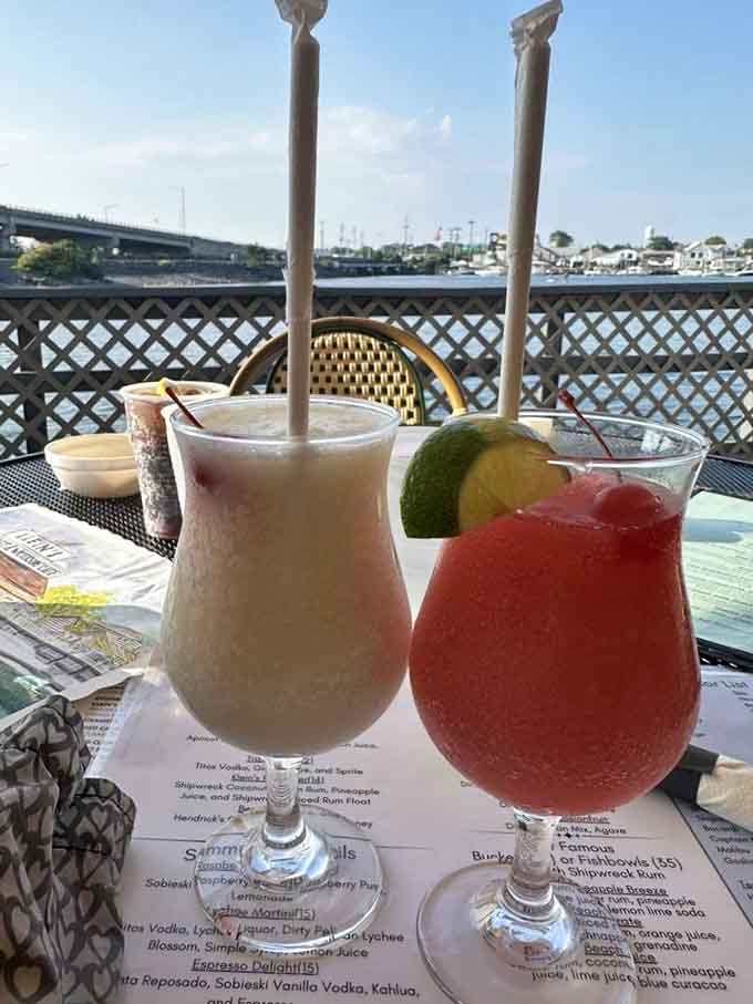 Frozen cocktails catch the sunlight over Shark River, turning happy hour into a postcard-worthy moment of pure bliss.