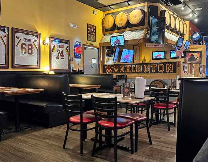 Washington sports jerseys and whiskey barrels create the perfect backdrop for serious eating and casual conversation about last night's game.