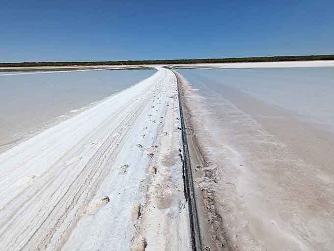 Tire tracks cutting through the white surface create patterns that look like abstract art from above.
