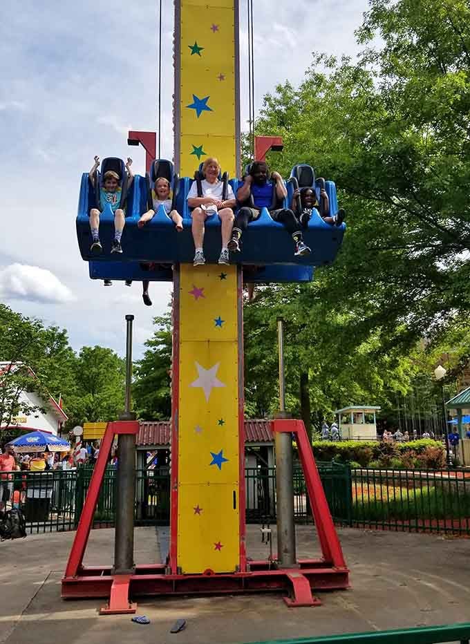 This drop tower gives kids their first taste of free-fall without requiring a waiver or therapy afterward.