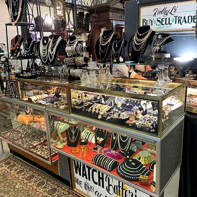 The jewelry cases sparkle with vintage treasures, each piece waiting to add some serious sparkle to someone's collection.