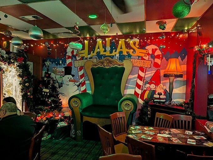 That oversized green throne isn't just a photo op, it's where Christmas magic happens every single day.