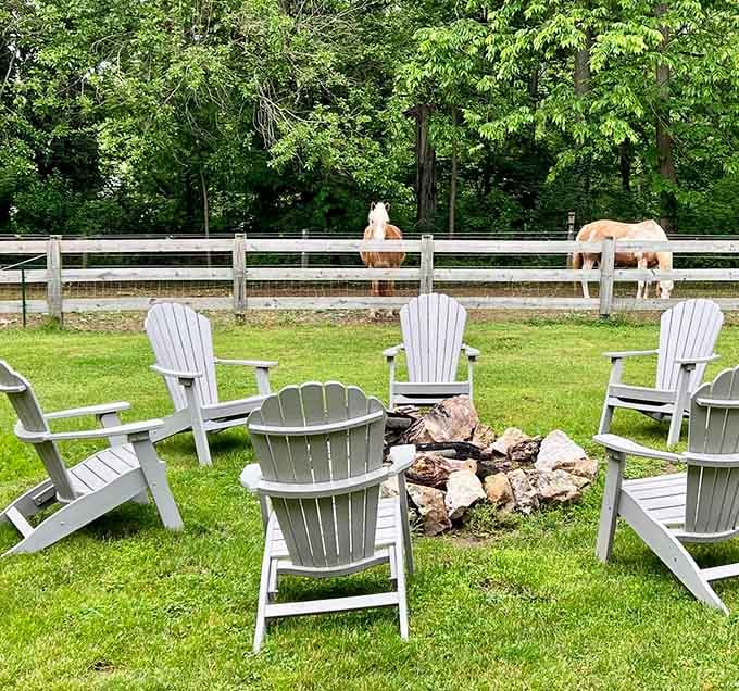 Circle these Adirondack chairs around the fire pit while horses graze beyond the fence—pure storybook magic.