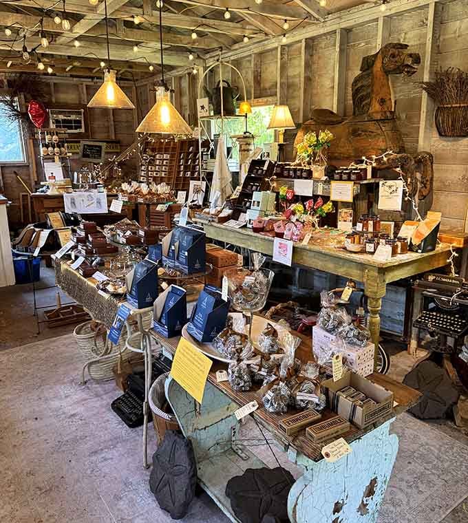 Rustic meets whimsical in this artisan shop that looks like a barn had a baby with a treasure chest.