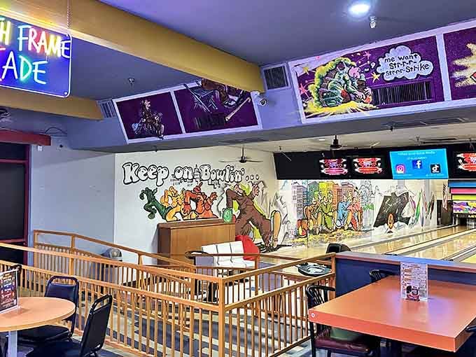 Retro murals and bright colors create an atmosphere that's pure nostalgic joy with a modern twist.