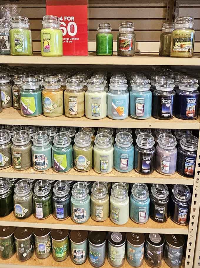 Yankee Candle outlet displays enough scented options to make your entire house smell like a different season.
