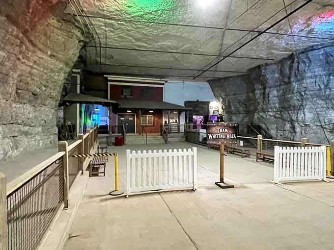 The tram waiting area where your underground journey begins. Anticipation builds in the most comfortable 60 degrees imaginable.