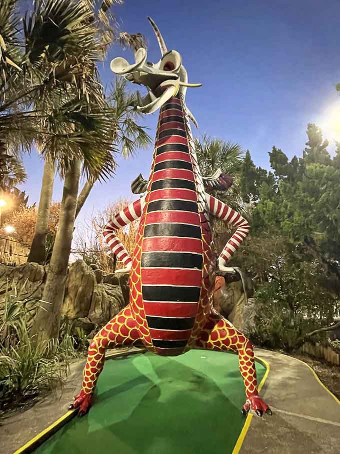 This dragon's stripes suggest it moonlights as a candy cane, making it the friendliest obstacle you'll face.