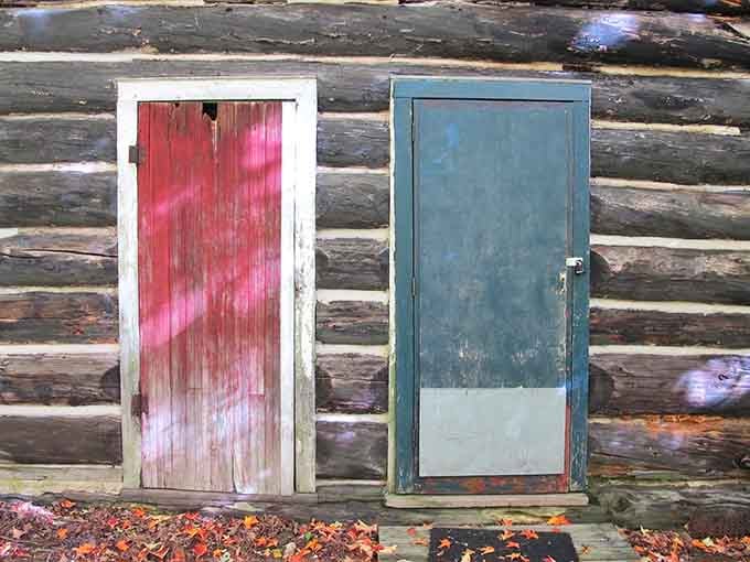 One door painted pink, one blue: either someone couldn't decide or Mandan had Michigan's first gender reveal party gone wrong.