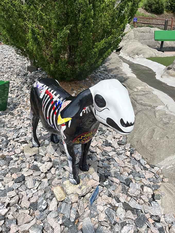 This skeleton cow proves that even Swiss-themed mini golf courses have a sense of humor.