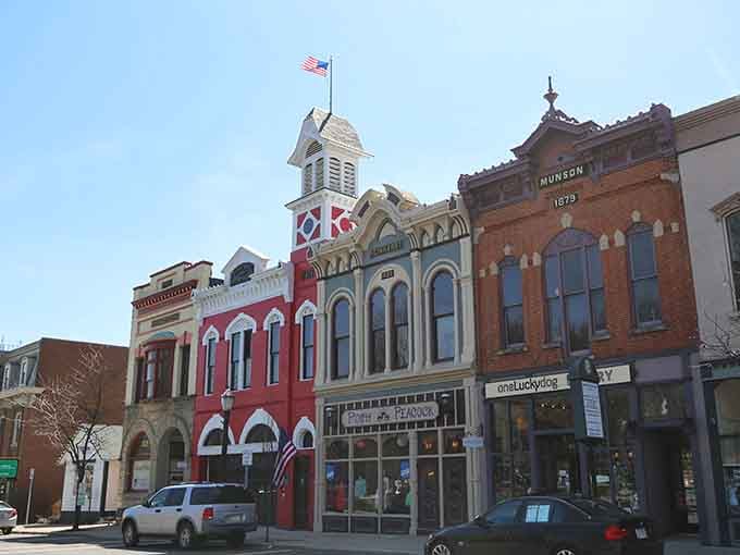 Downtown Medina's colorful storefronts line up like a rainbow of possibilities for your shopping pleasure.