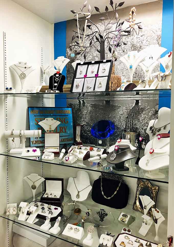 Sparkle and shine behind glass, where vintage jewelry catches light and hearts with equal enthusiasm and timeless appeal.