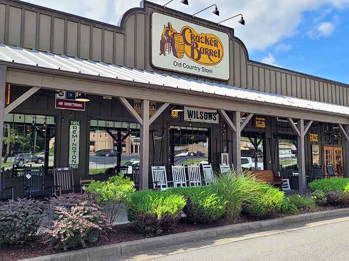 Cracker Barrel's front porch rockers invite you to sit a spell, Southern hospitality style, before tackling those biscuits inside.