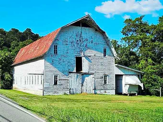 This weathered barn has more character than most new construction, standing proud against the green landscape.