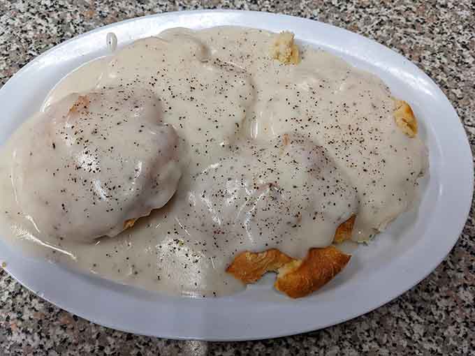 Biscuits drowning in peppery sausage gravy represent everything right with the world on a single plate.