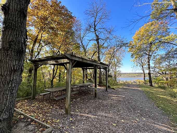 This covered picnic shelter overlooks the river valley, providing the ideal spot for lunch with a million-dollar view included.
