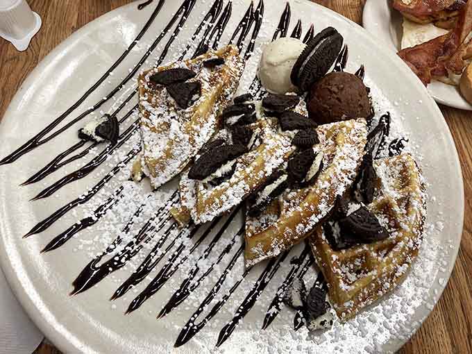 Oreo-studded waffle with chocolate drizzle makes you question why anyone orders plain anything here.