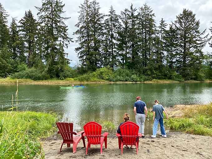 The Nehalem River flows quietly past, carrying salmon and stories through this peaceful valley.