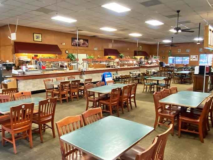 Another view of the dining area reveals the buffet line stretching out like a delicious promise waiting to be fulfilled.