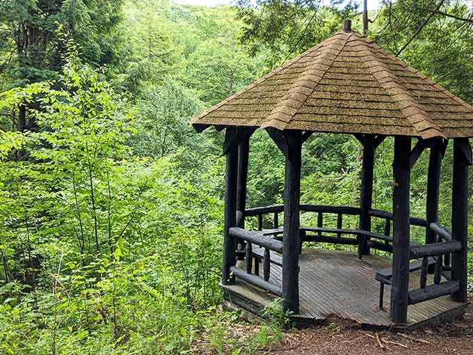 A gazebo perched among the trees offers the perfect spot for contemplation or avoiding your hiking companions temporarily.