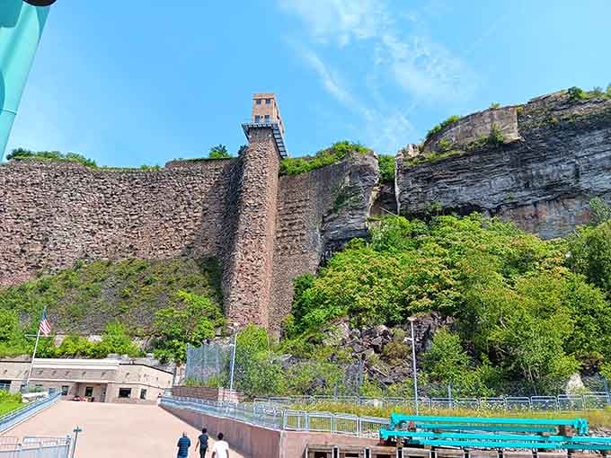 Schoellkopf Power Station's historic tower stands as a monument to industrial heritage along the dramatic gorge.