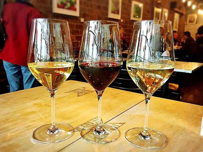 Three glasses of wine waiting to transport you to different corners of the world with each sip.