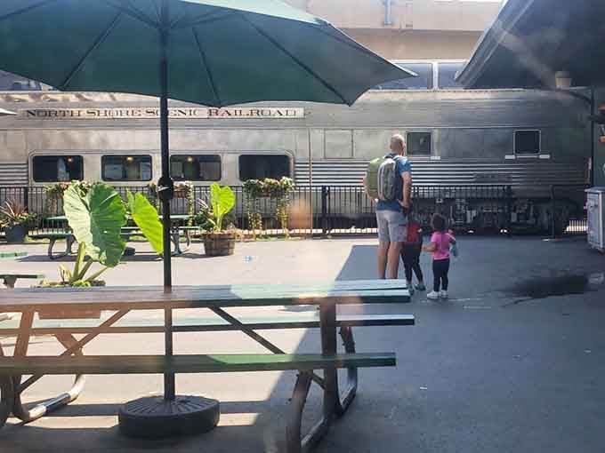 That outdoor patio area lets families watch vintage trains arrive while enjoying the kind of anticipation airports forgot.