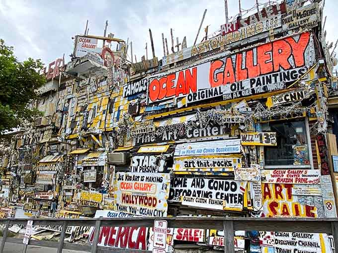 Ocean Gallery's eclectic facade bursts with personality, a visual feast before you even step inside the door.