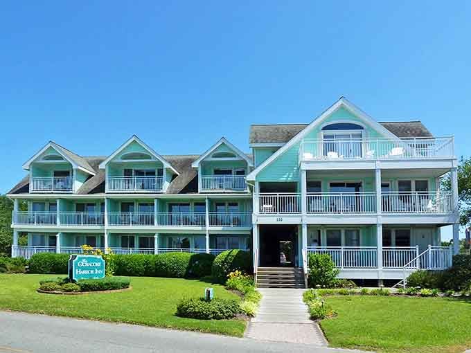 Ocracoke Harbor Inn's turquoise and white facade whispers "vacation mode activated" before you even check in.