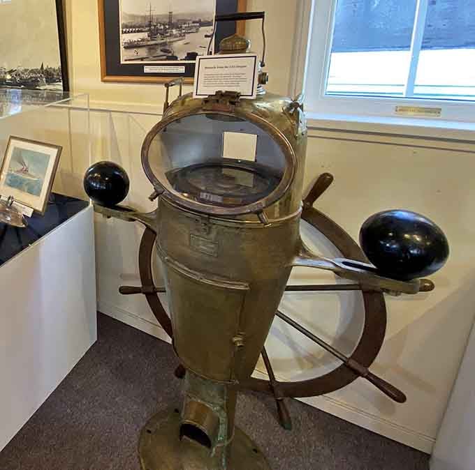 This brass binnacle from the USS Oregon proves that navigation equipment can be both functional and surprisingly elegant art.