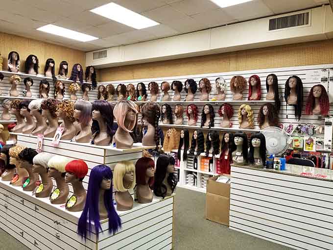 More wigs than a Broadway costume department, offering instant transformations in every color of the rainbow and beyond.