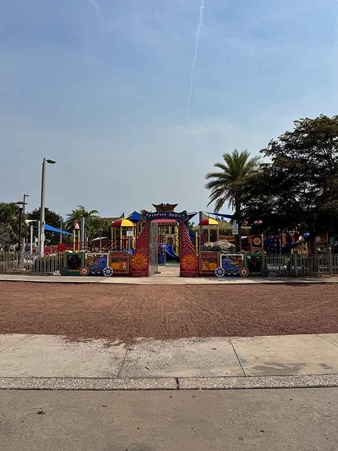 The grand entrance sets the stage perfectly, announcing that something magical awaits beyond those colorful circus train cars.