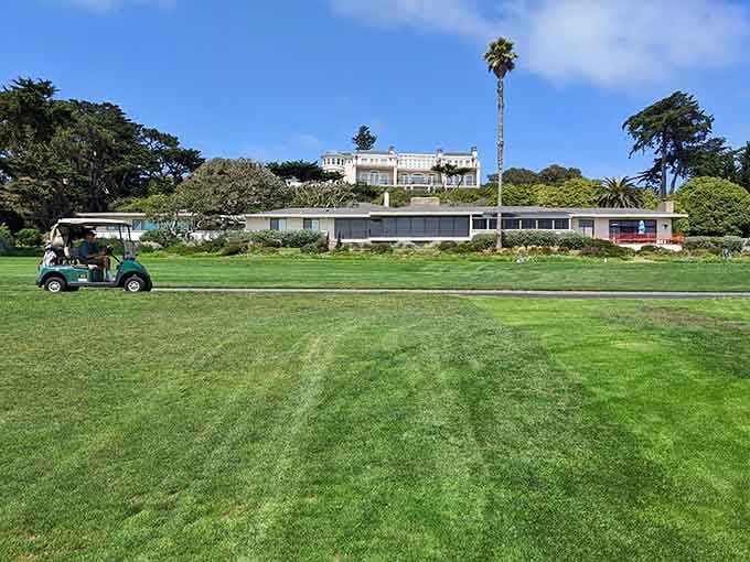 Golf cart lined up like an eager student waiting for recess, ready to tour California's coastal masterpiece.
