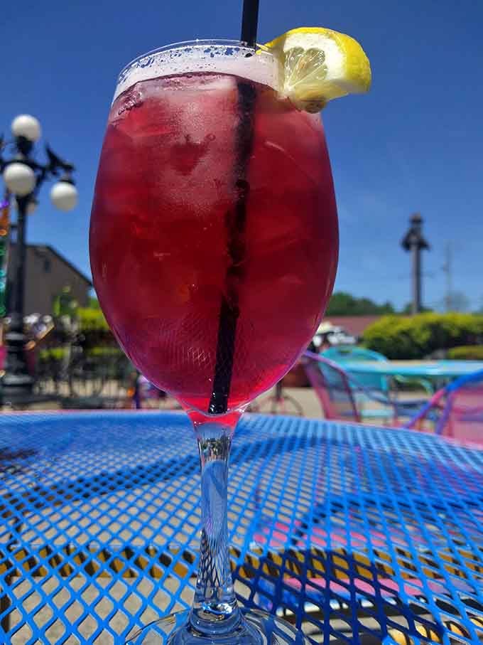 This tart cherry drink catches the sunlight perfectly, making outdoor dining feel like a special occasion every time.