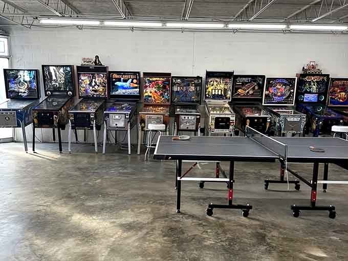 A lineup of classics waiting patiently, their chrome legs and colorful artwork spanning decades of gaming evolution.