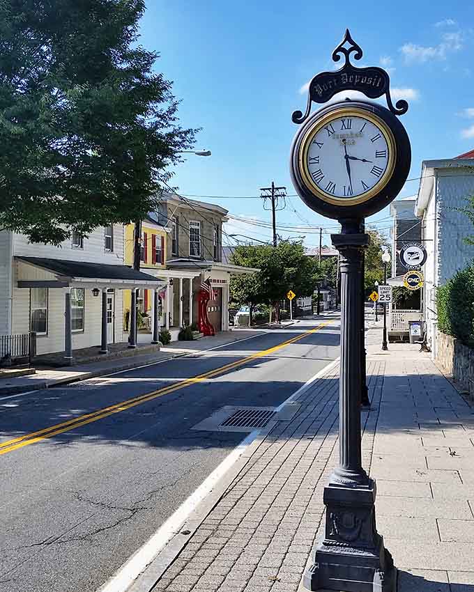 This street clock stands guard over Main Street like a patient grandfather watching generations pass by below.