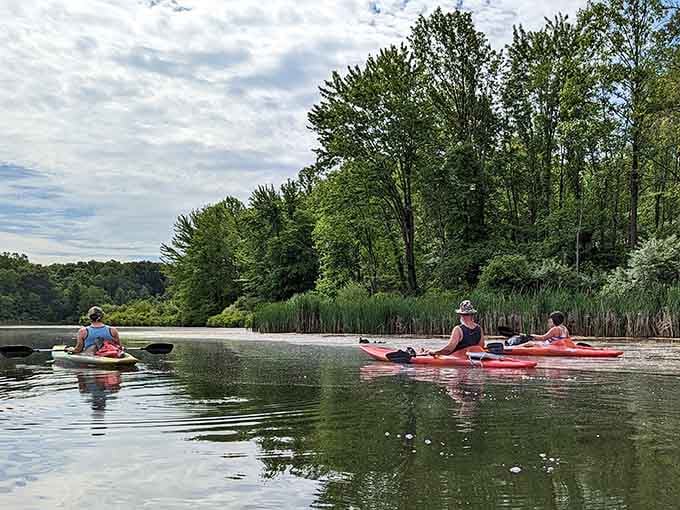 Kayaking through calm waters with friends beats scrolling through social media any day of the week.