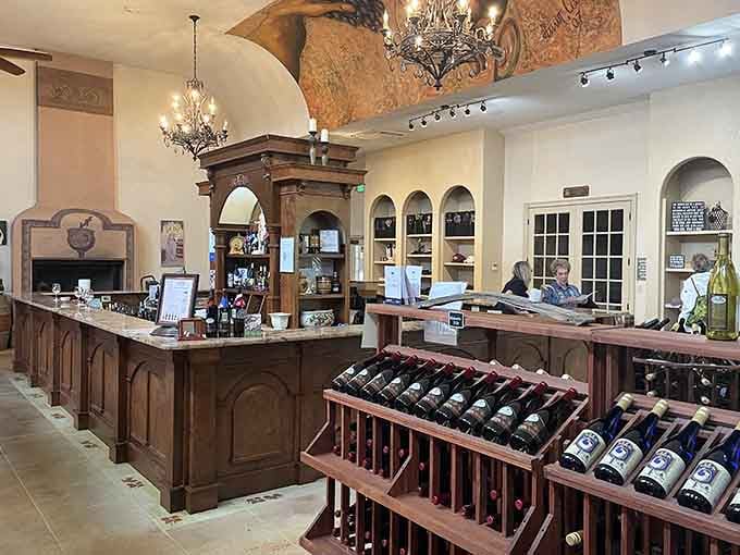 The tasting room blends Old World charm with approachable elegance, no intimidating wine snobbery required for entry here.