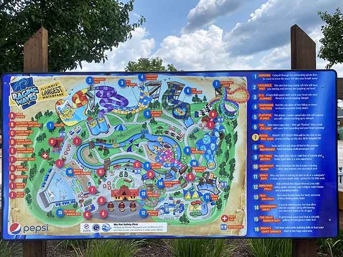 The park map reveals a sprawling wonderland of slides, pools, and attractions waiting to be conquered systematically.