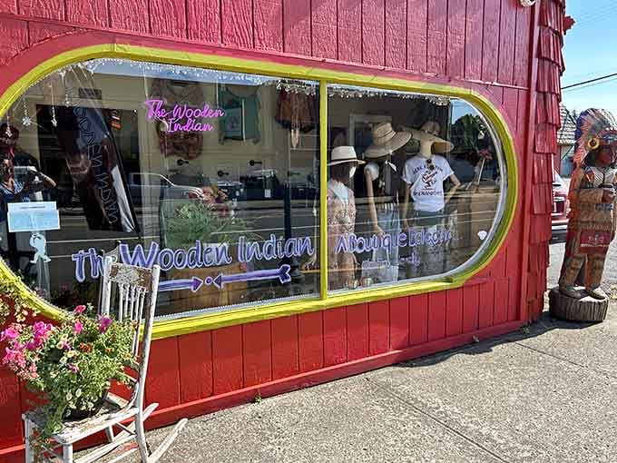 That retro curved window and bright red exterior make shopping feel like stepping into a cheerful time capsule.