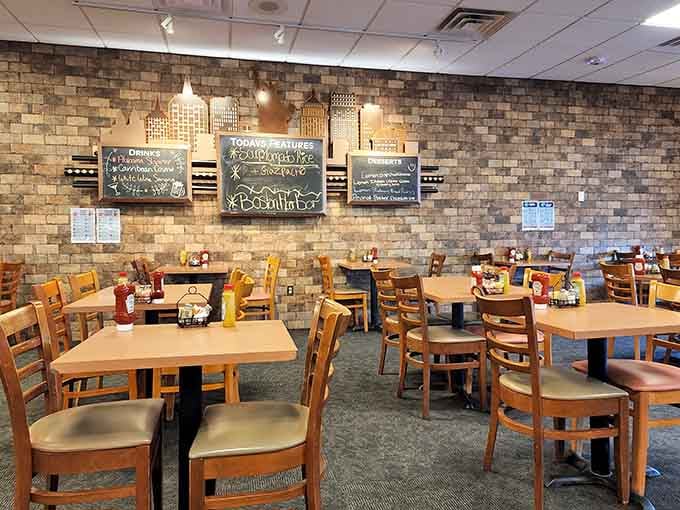 Brick accent walls and chalkboard specials create an atmosphere that says "relax, we've got this" better than any motivational poster could.