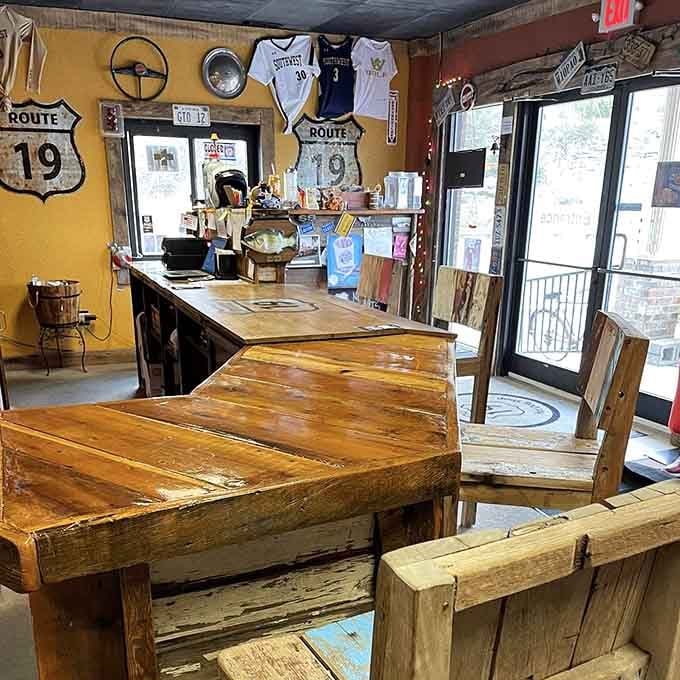 Rustic wooden tables and sports jerseys on the walls make this the definition of casual dining done right.