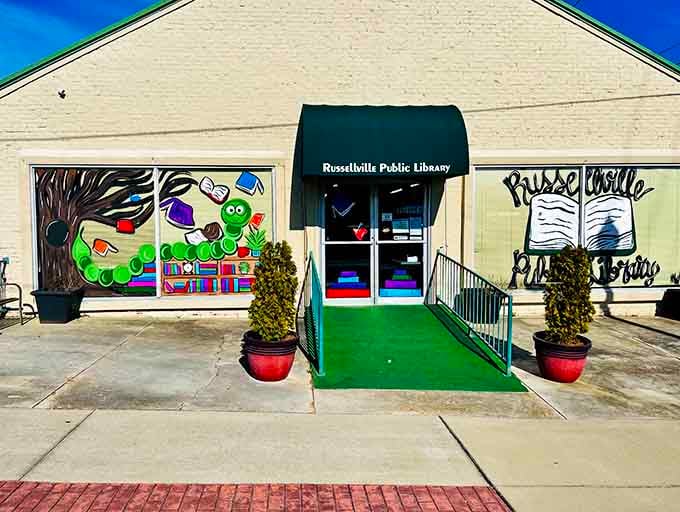 The public library's cheerful exterior promises knowledge, community, and air conditioning without the guilt of loitering.