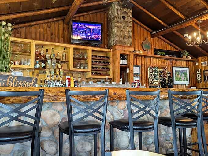 Stone-fronted bar seating with a rustic charm that makes you want to order another coffee and stay awhile.