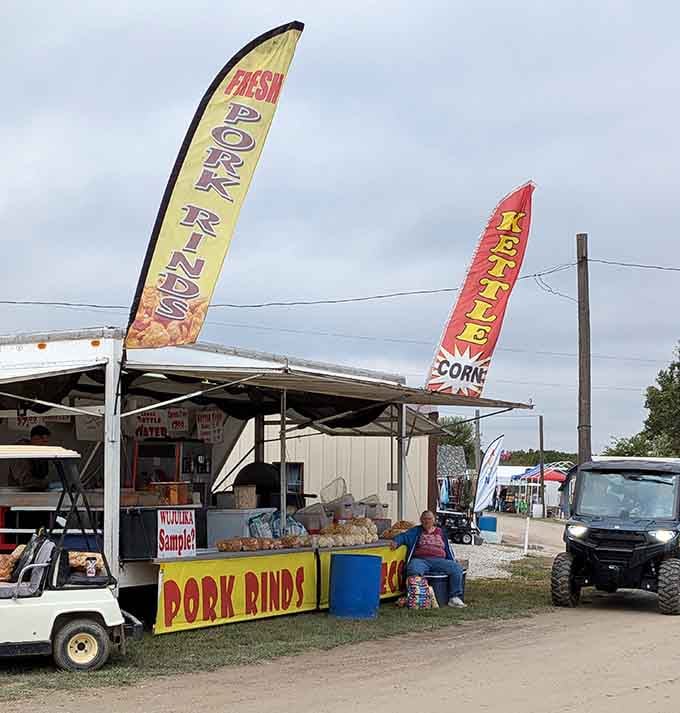Fresh pork rinds beckon hungry shoppers because treasure hunting works up an appetite that demands immediate satisfaction.