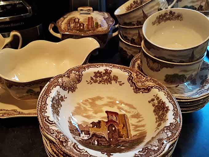 Vintage dinnerware with pastoral scenes that would make Sunday dinner feel like an event worth dressing up for again.