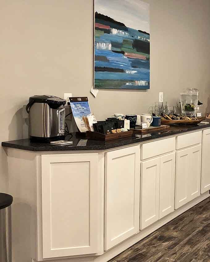 Complimentary refreshments because hydration is important, especially when you're this relaxed. Smart thinking.