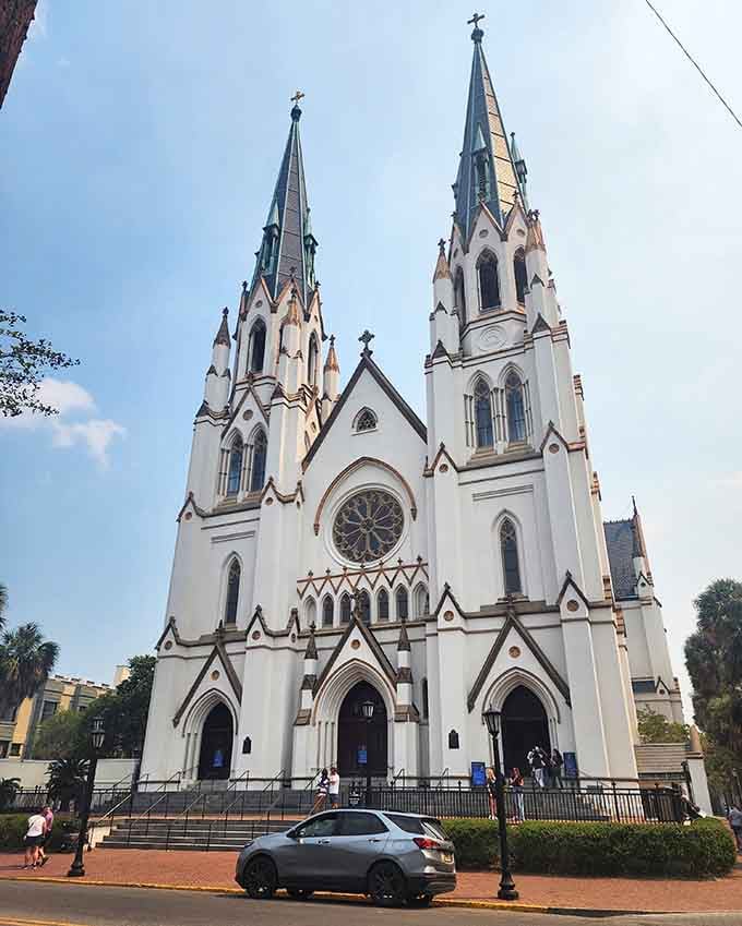 Twin spires reach skyward from this stunning cathedral, making architectural statements that never go out of style.