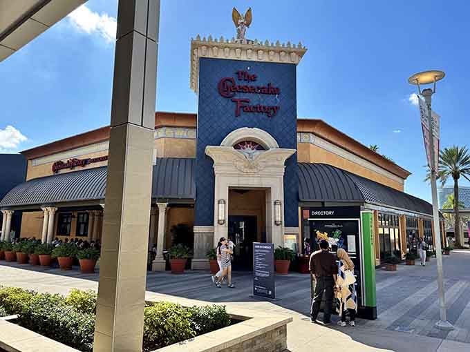 The Cheesecake Factory's whimsical facade promises calories and comfort after hours of hunting down the perfect bargains inside.