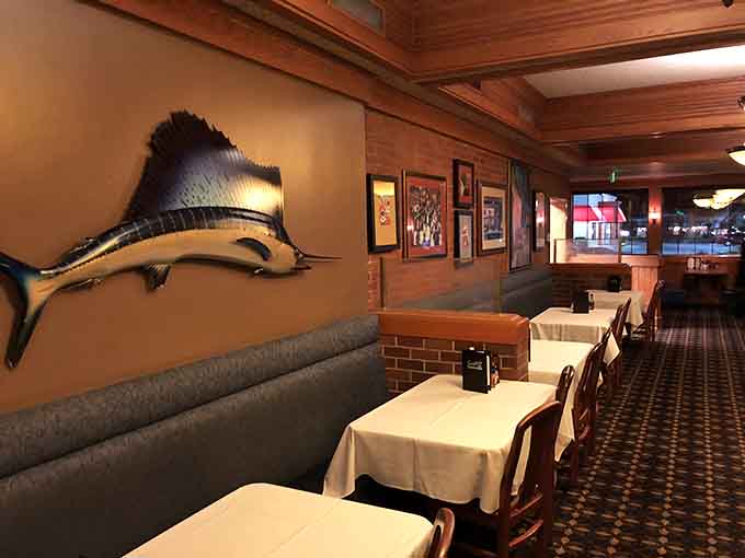 Nautical decor adds character to the dining room, creating that timeless steakhouse atmosphere we all love.